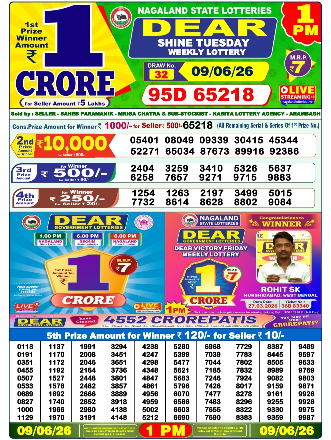 Nagaland Dear Lottery Result Today 13.6.2026 1 PM 6 PM 8 PM | Lottery ...