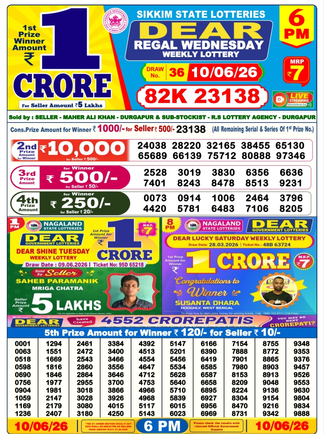 Nagaland Dear Lottery Result Today 13.6.2026 1 PM 6 PM 8 PM | Lottery ...