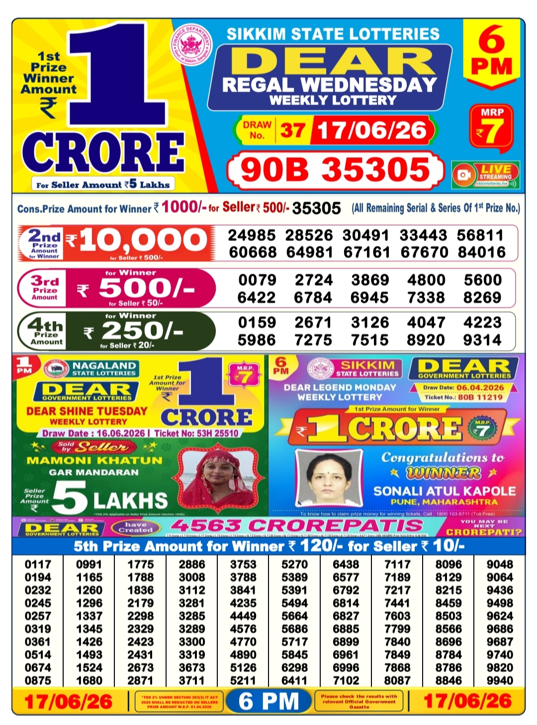 Nagaland Dear Lottery Result Today 17.6.2026 1 PM 6 PM 8 PM | Lottery ...