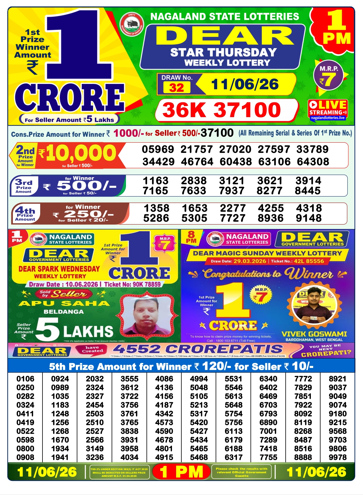 Nagaland Dear Lottery Result Today 15.6.2026 1 PM 6 PM 8 PM | Lottery ...